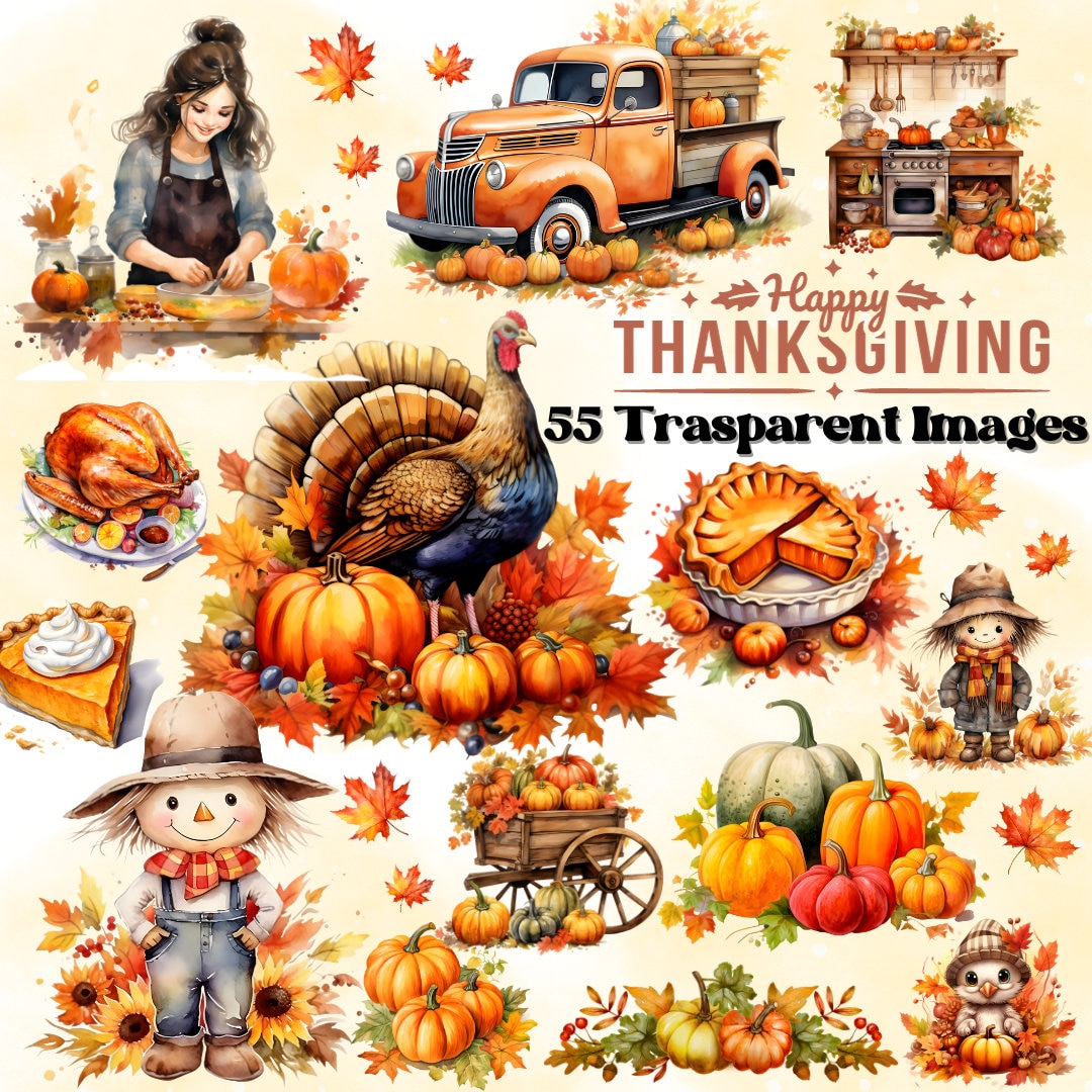 Thankful Fall Clipart Bundle, Thanksgiving PNG, Thanksgiving Watercolor ...