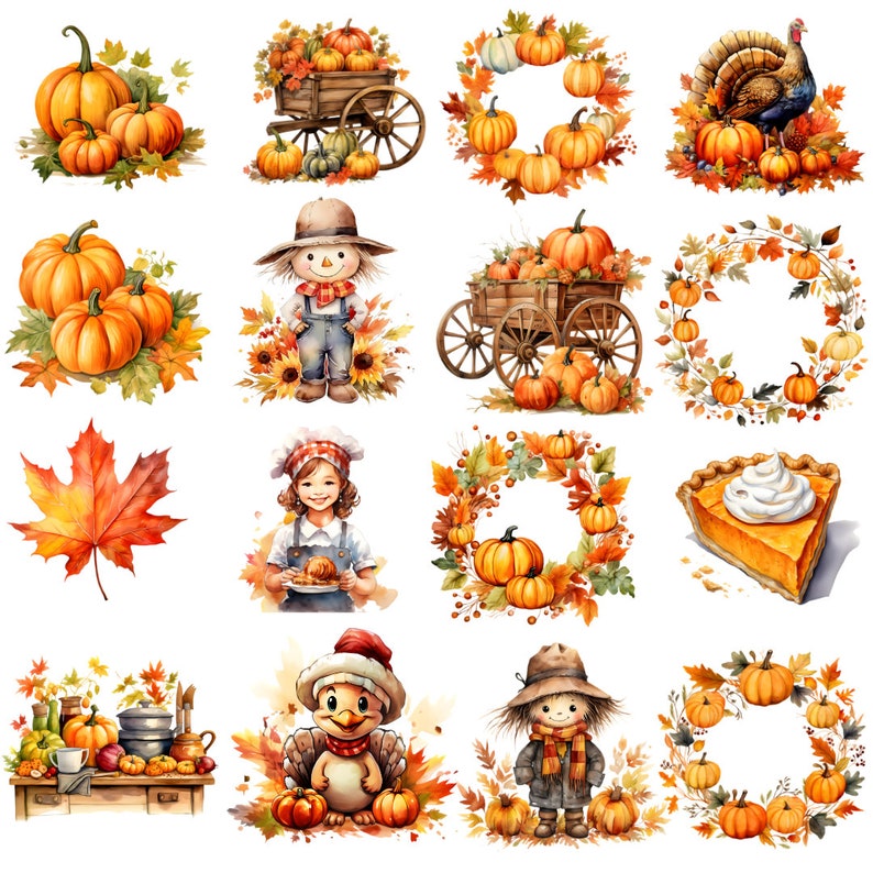 Thankful Fall Clipart Bundle, Thanksgiving PNG, Thanksgiving Watercolor ...