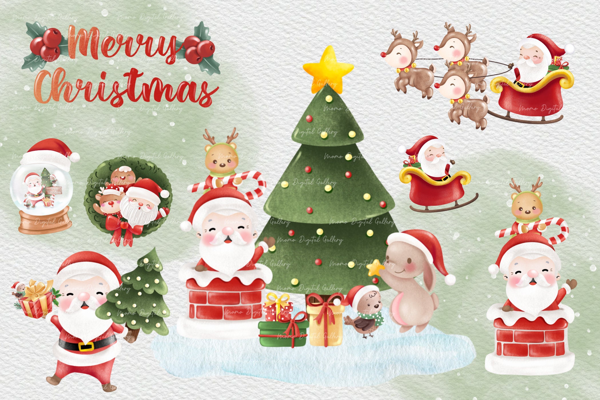 Sweet Christmas Watercolor Clipart, Cute Santa Watercolor Graphics ...