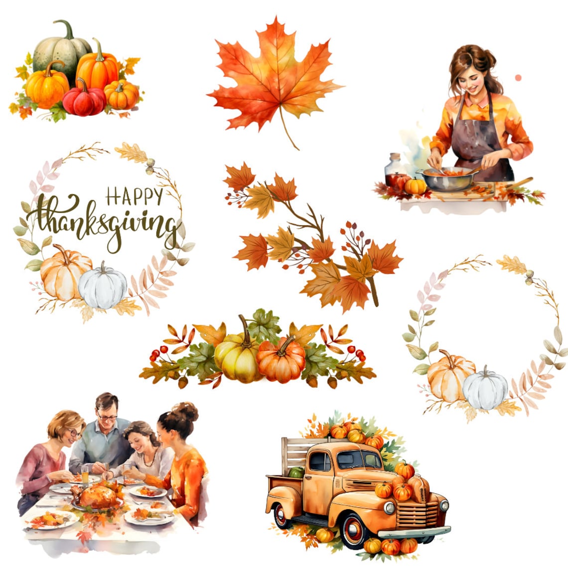 Thankful Fall Clipart Bundle, Thanksgiving PNG, Thanksgiving Watercolor ...