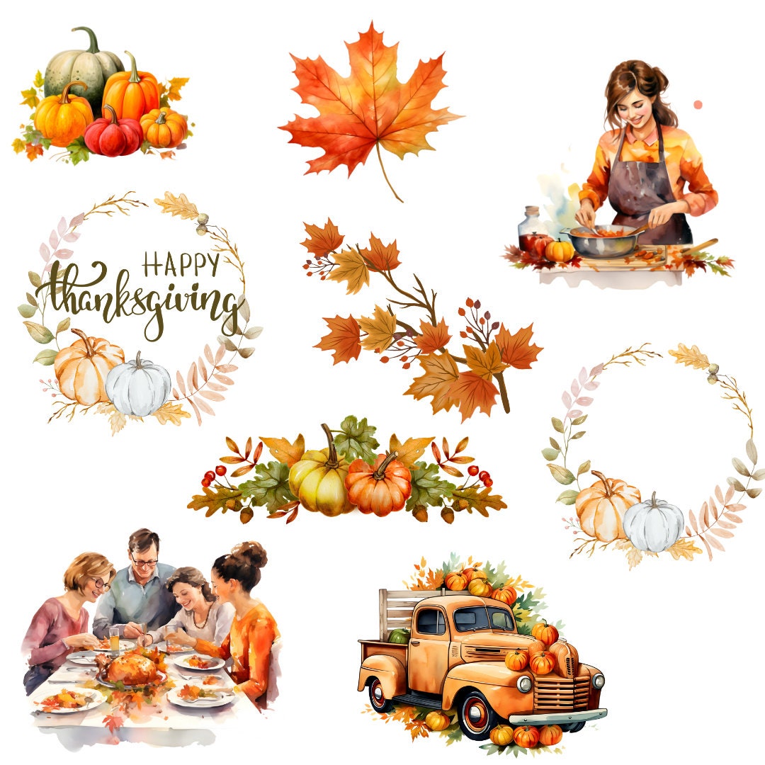 Thankful Fall Clipart Bundle, Thanksgiving PNG, Thanksgiving Watercolor ...
