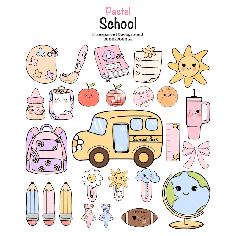 Pastel School Supplies Clipart Retro Back to School Teacher Clipart ...
