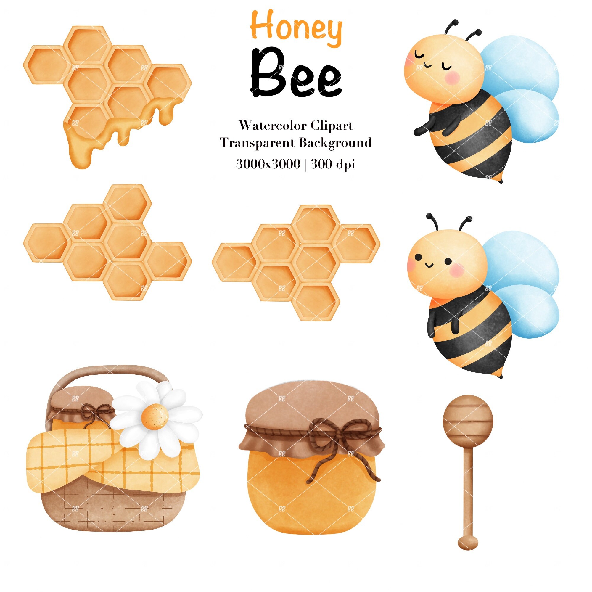 Watercolor Honey Bee Clipart Bundle, Spring Garden Bee Clipart, Honey ...