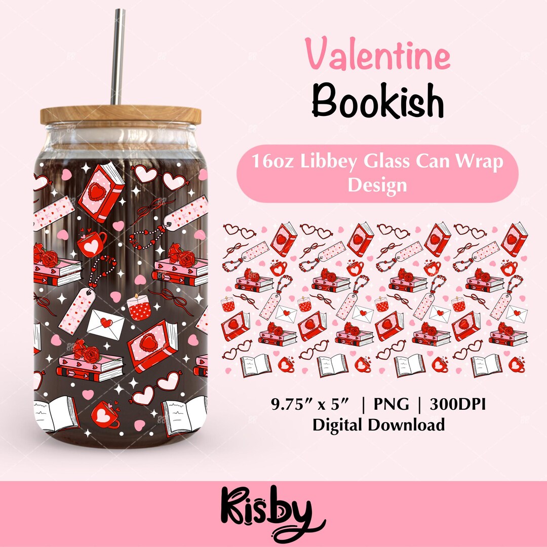 Bookish Valentine 16oz Libbey Glass Can Wrap PNG Design, Romance Books ...