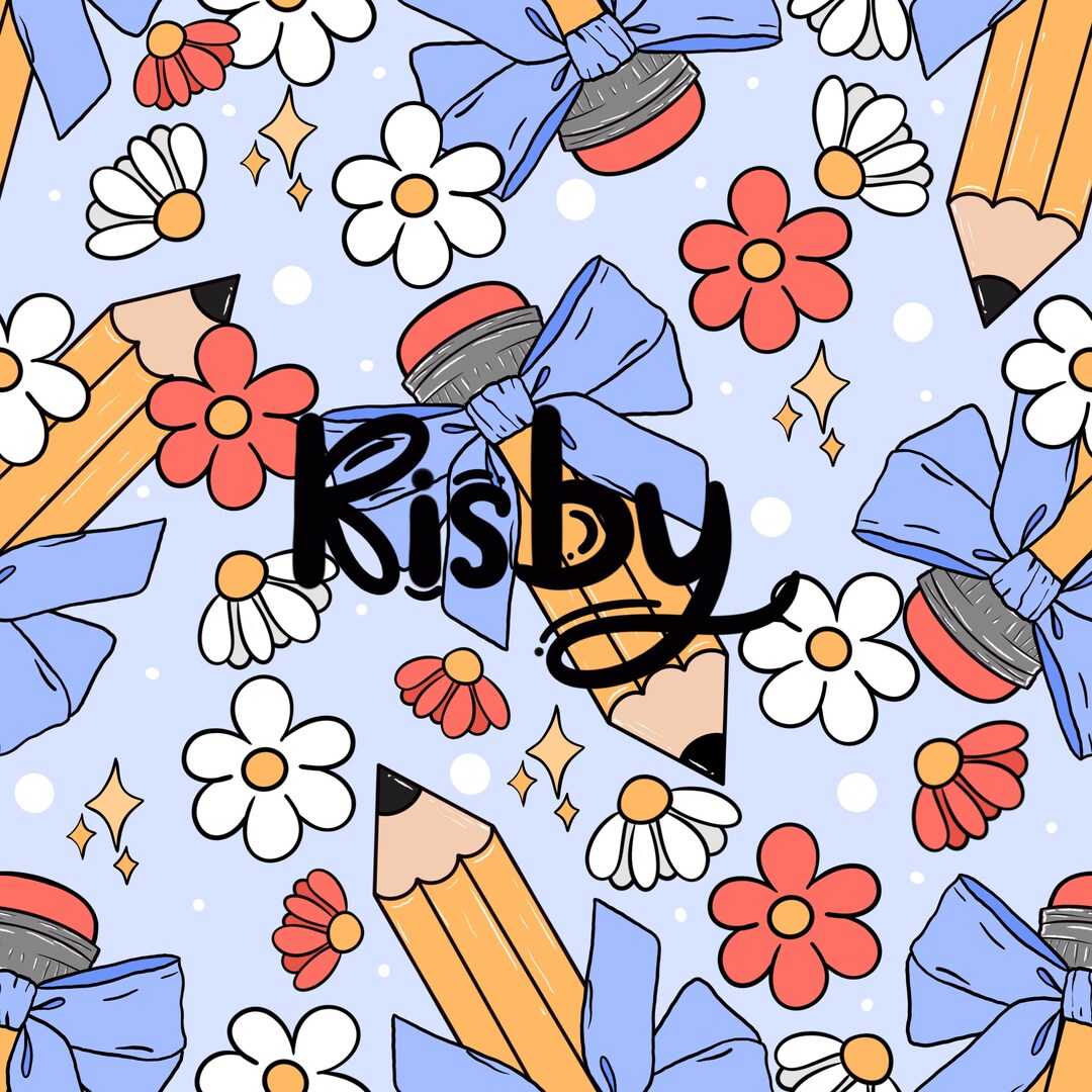 Cute Coquette Pencil & Light Blue Bow Seamless Pattern, Retro Back to ...