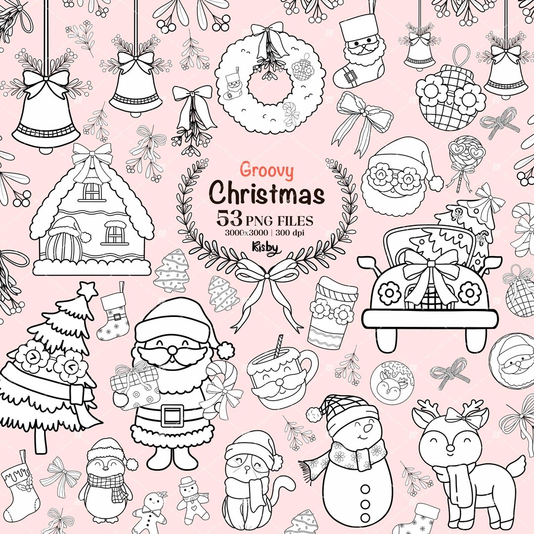 Retro Christmas Digital Stamps Clipart Set: Groovy Santa, Holiday ...