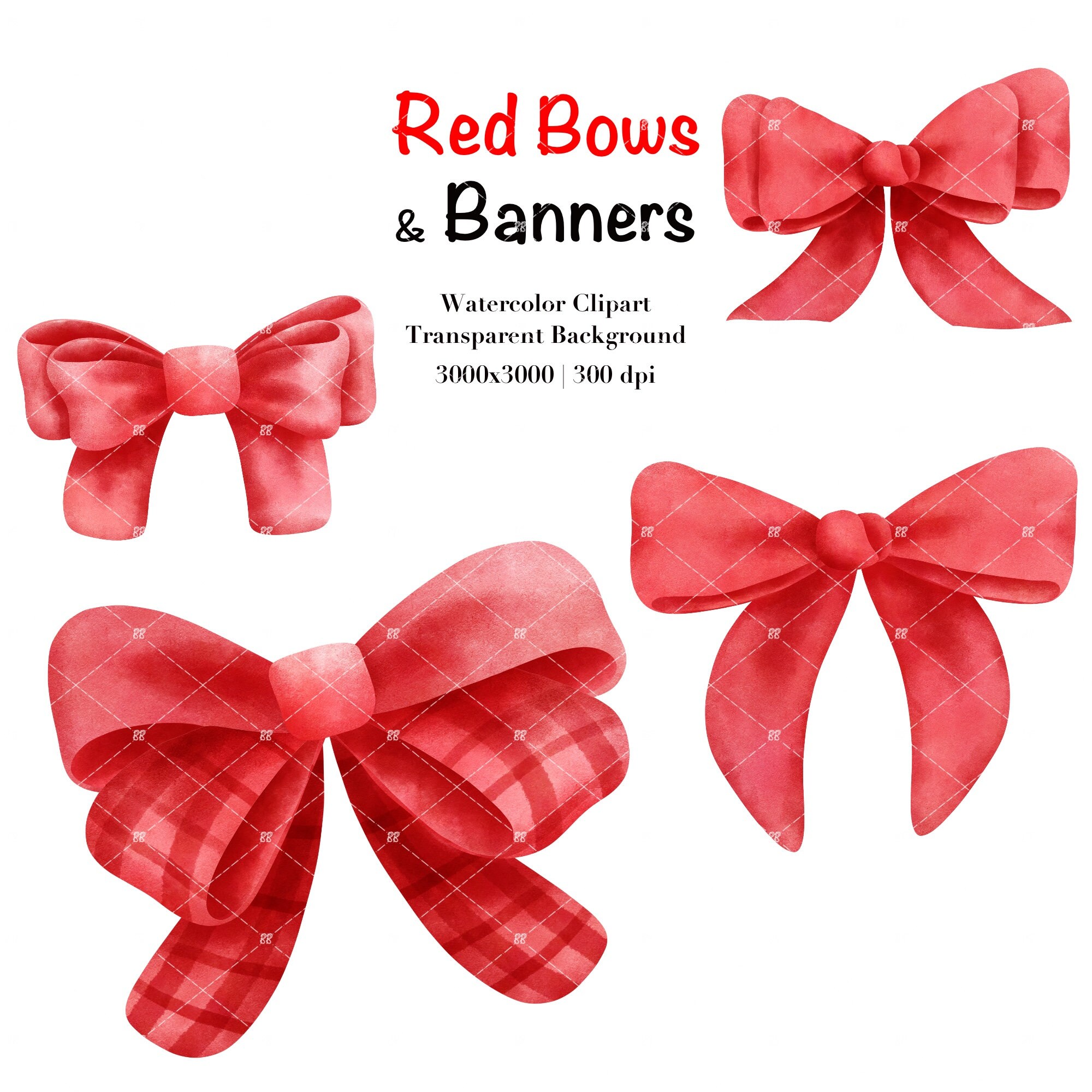 Watercolor Red Ribbon Banners and Bows Clipart,valentine's Day Bows ...