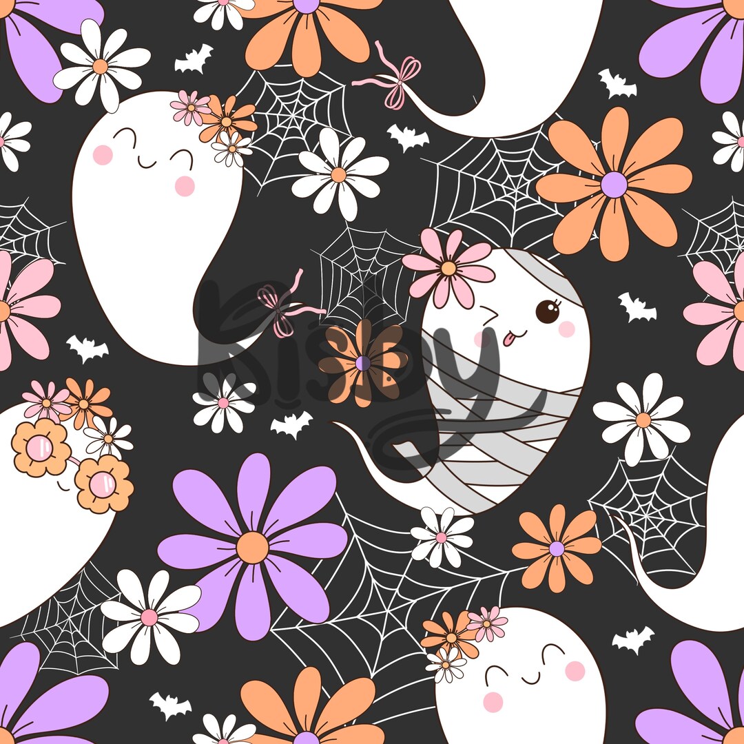 Retro Halloween Floral Ghost Seamless Pattern, Girly Preppy Flower ...