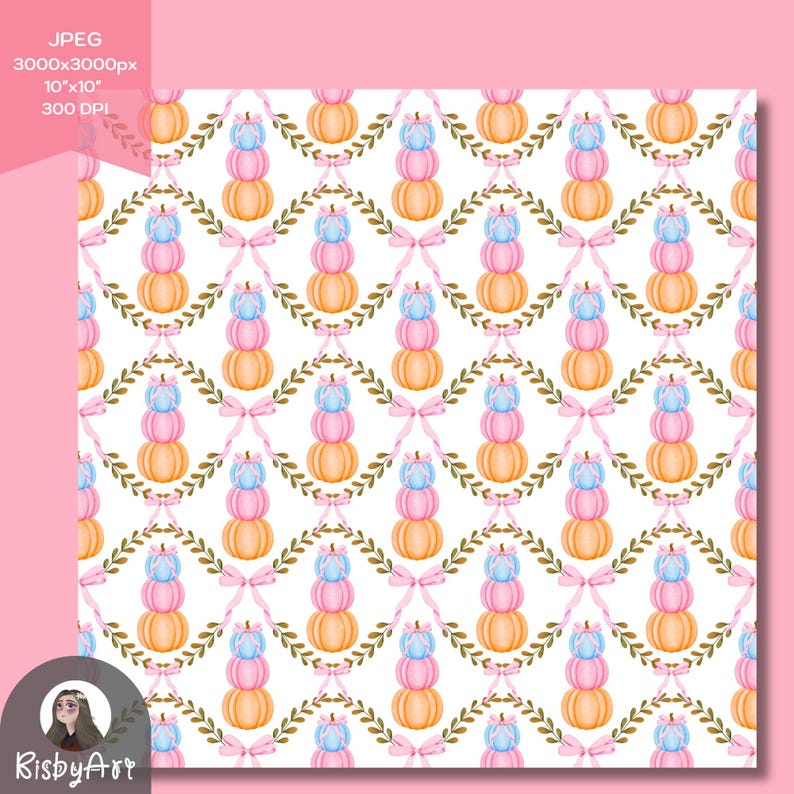 Pink Pumpkin Topiary Bow Seamless Pattern, Preppy Grandmillenial Fall ...