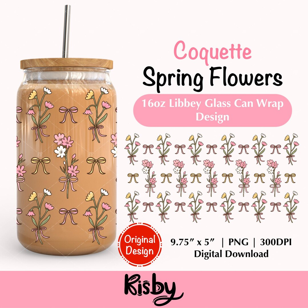 Spring Coquette Flower Bows 16oz Libbey Glass Can Wrap Png, Dainty ...