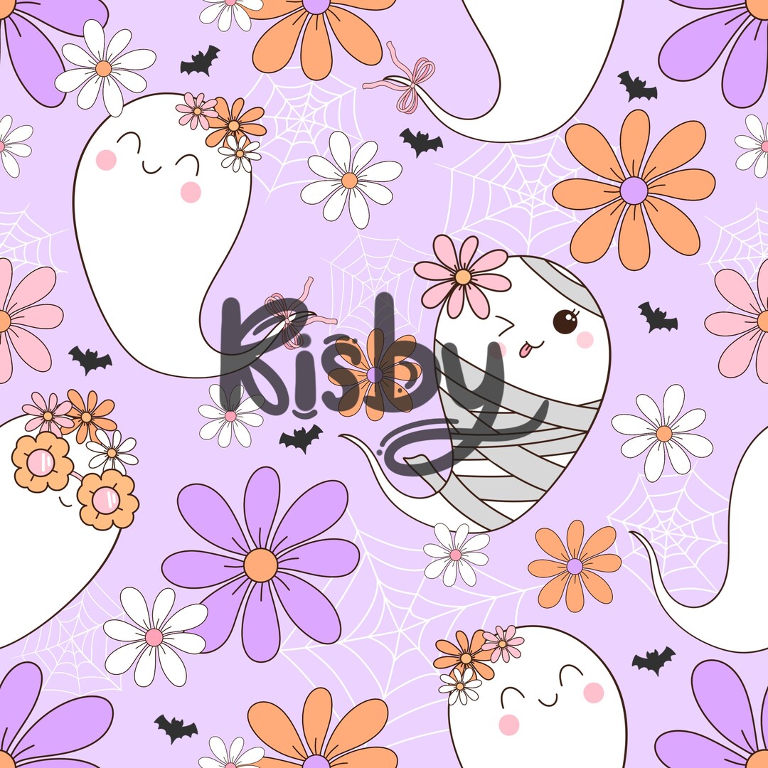 Retro Floral Ghost Seamless Pattern: Groovy Halloween Fabric Design - Etsy