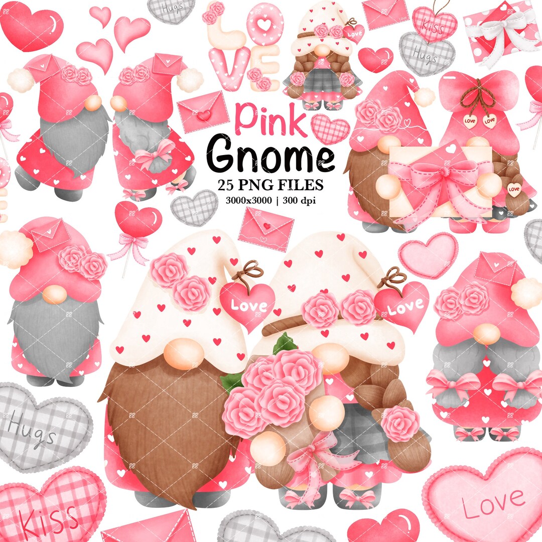 Watercolor Pink Valentines Gnome Clipart, Cute Gnomes PNG, Romantic ...