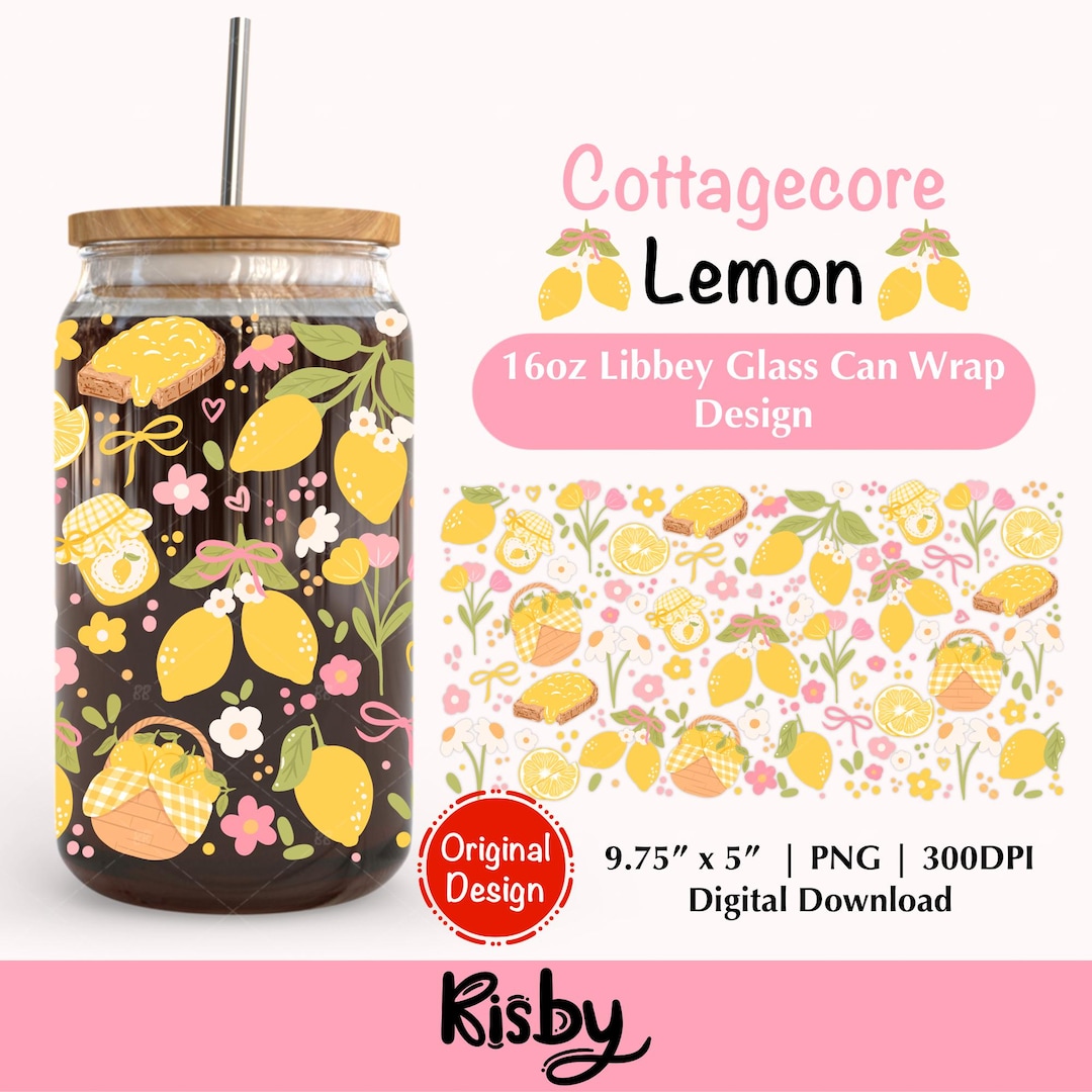 Cottagecore Lemon 16oz Libbey Glass Can Wrap PNG Design Coquette Lemons ...