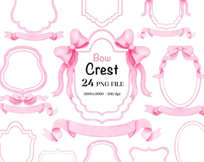 Pink Coquette Ribbon Bow Crest Frame PNG SVG Clipart Romantic Crest ...