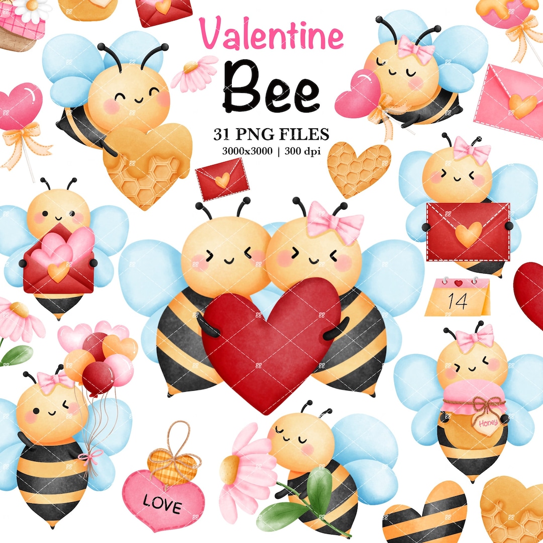 Watercolor Valentine Bees Clipart, Cute Baby Bee Clipart, Beehive PNG ...