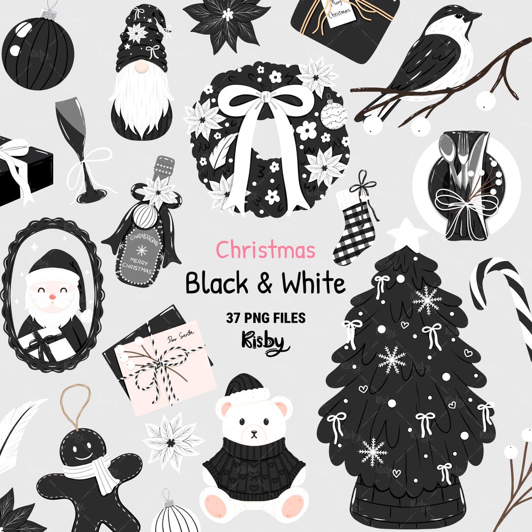 Black and White Christmas Party Clipart Bundle, Elegant Holiday PNG Set ...