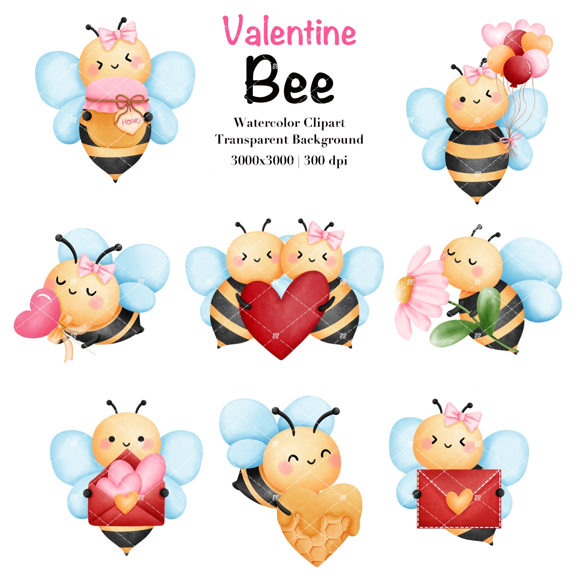 Watercolor Valentine Bees Clipart, Cute Baby Bee Clipart, Beehive PNG ...