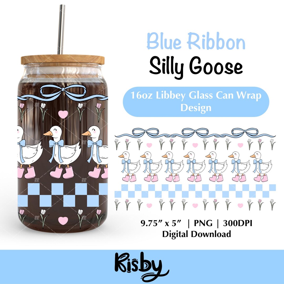 Blue Ribbon Goose 16oz Libbey Glass Can Wrap PNG Cute Coquette Silly ...