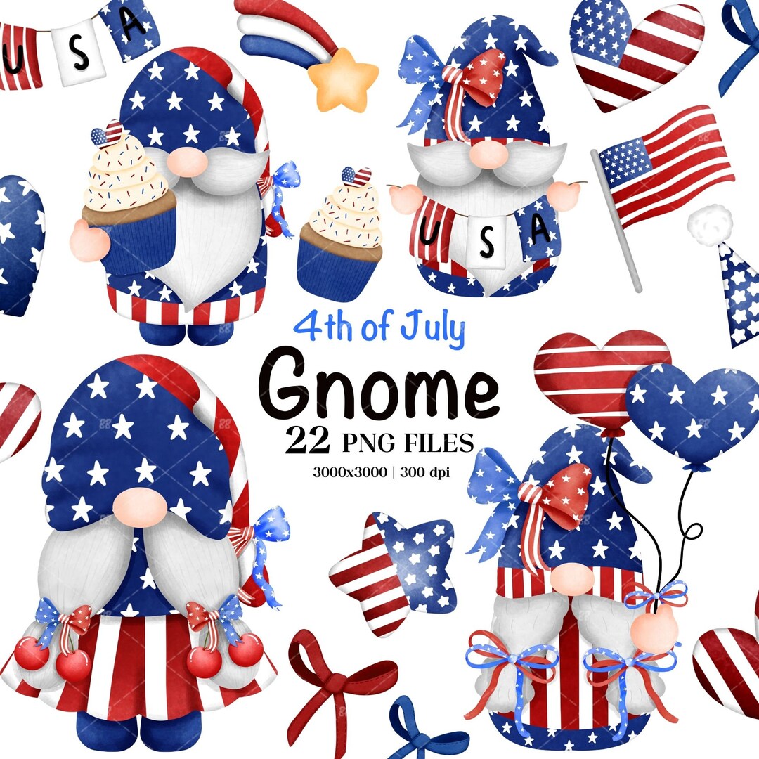 Patriotic Gnome Clipart, Memorial Day Clipart, 4th of July PNG, Summer ...
