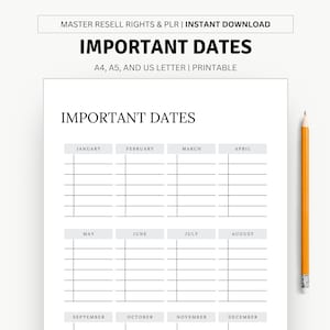 Yearly Important Dates Printable Birthdays Anniversaries Travel Parties ...