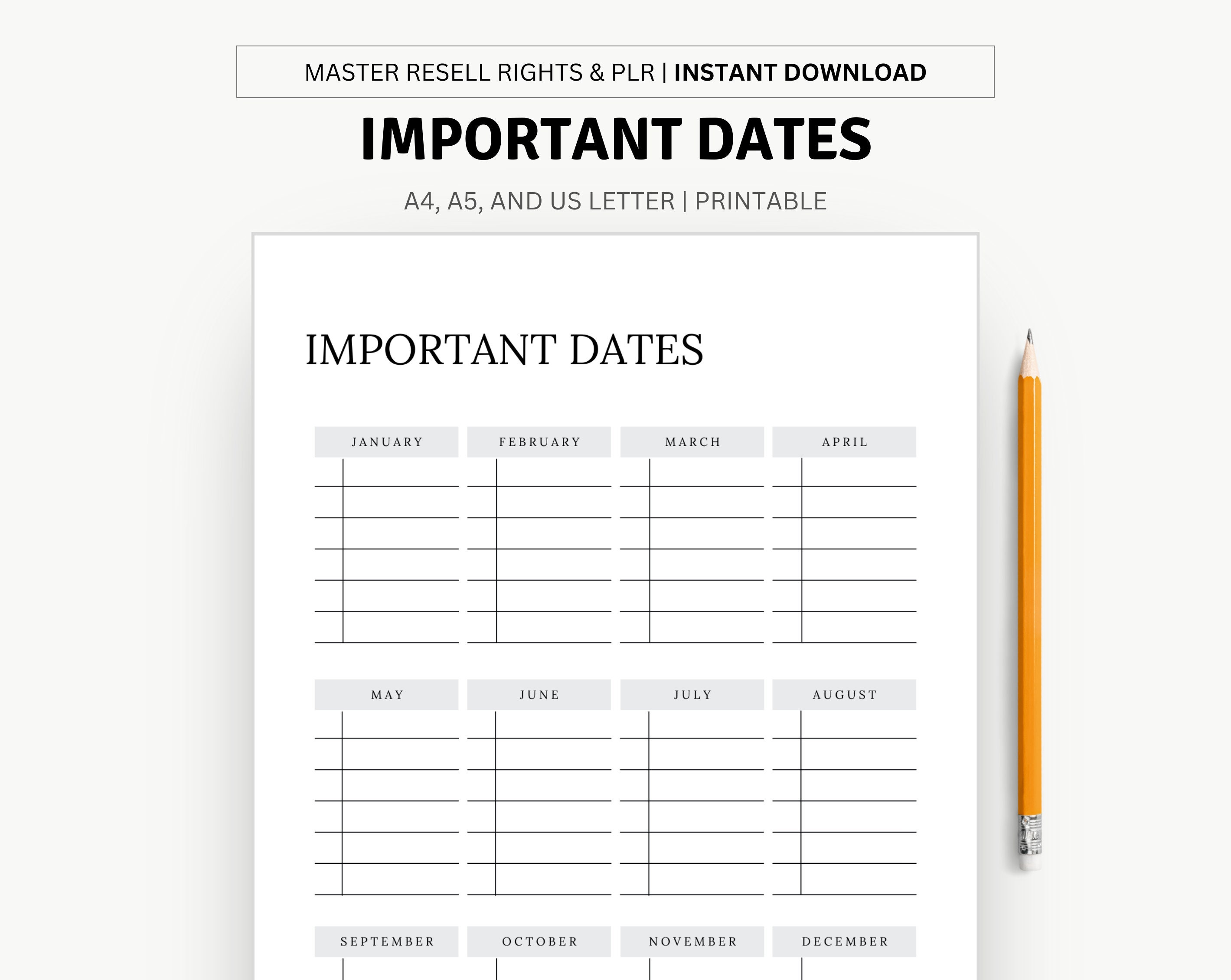 Yearly Important Dates Printable Birthdays Anniversaries Travel Parties ...