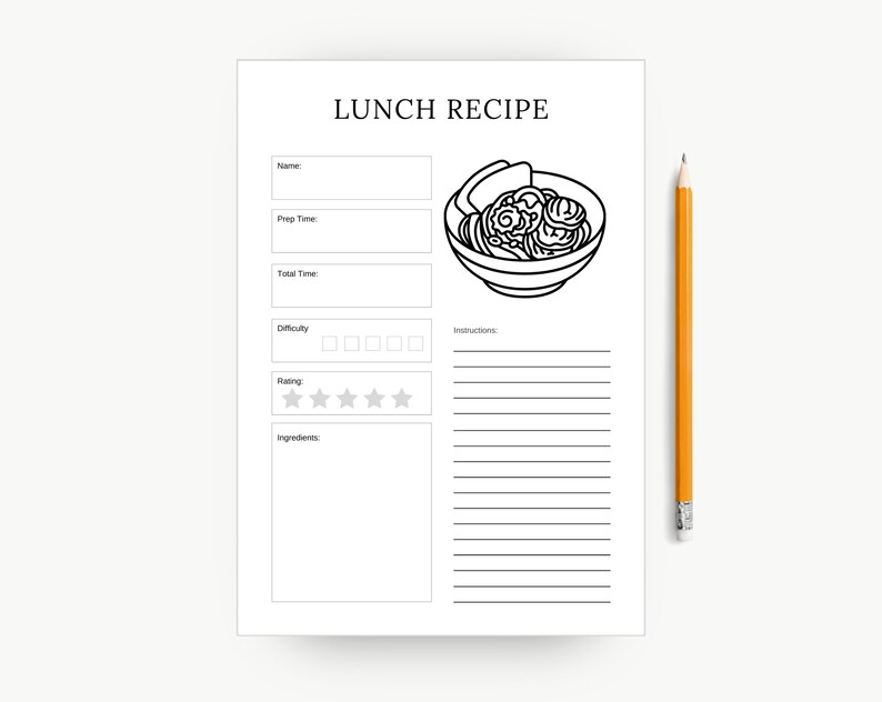 Lunch Recipe Book Template Printable Blank Recipe Page Cook Book ...