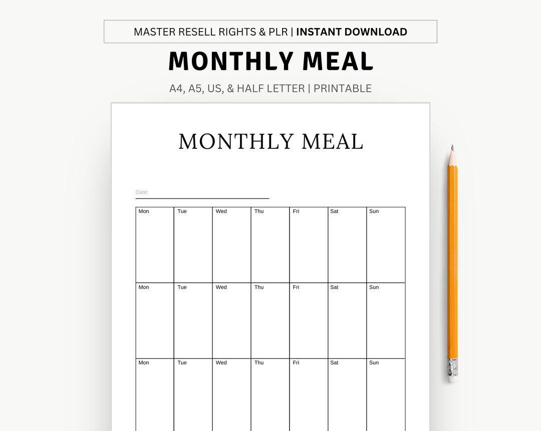 Monthly Meal Printable Planner Page, Diet Tracker, Food Journal, Meal ...