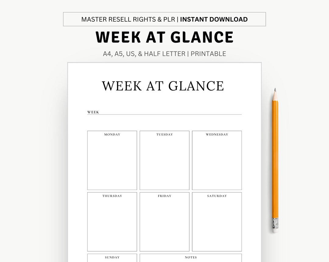 Printable Week at a Glance Planner Page - A4, A5, US Letter, Half ...