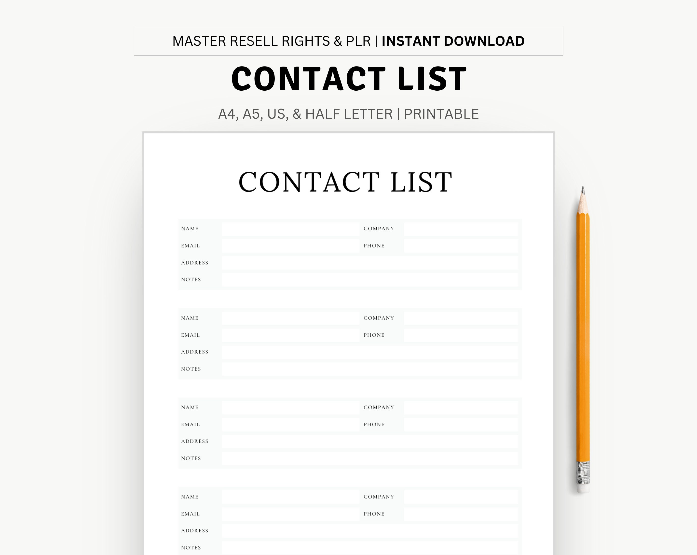 Printable Contact List Planner A4, A5, US Letter, Half Letter Sizes ...