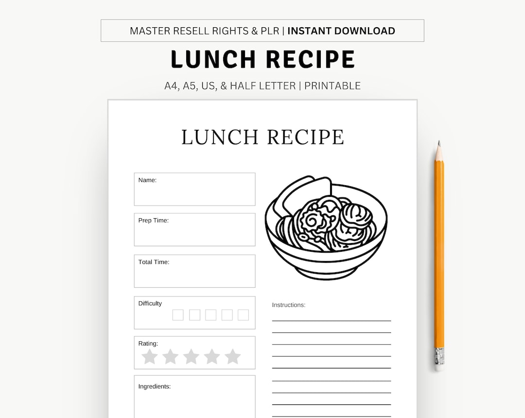 Lunch Recipe Book Template Printable Blank Recipe Page Cook Book ...