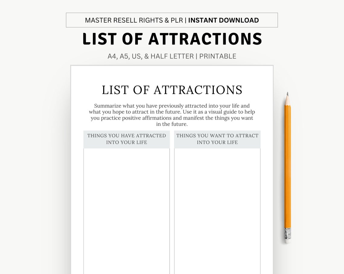 Printable List of Attractions - A4, A5, US Letter, Half Letter ...