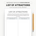 Printable List of Attractions - A4, A5, US Letter, Half Letter ...