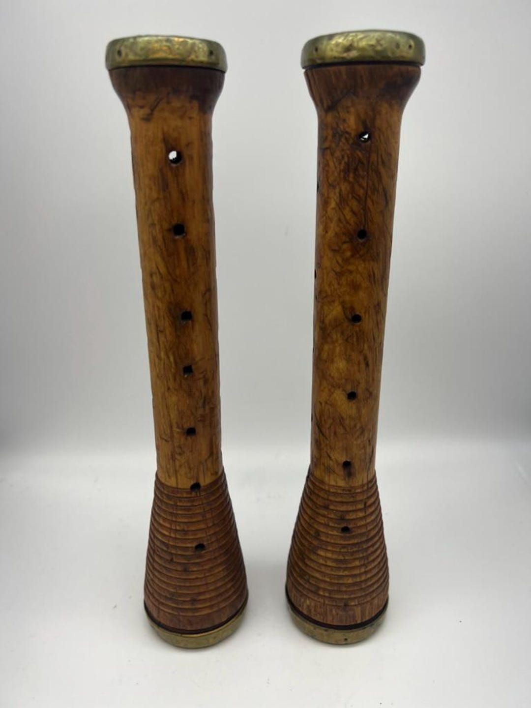 Tall Antique Wooden Industrial Loom Bobbins / Candle Sticks With Brass ...