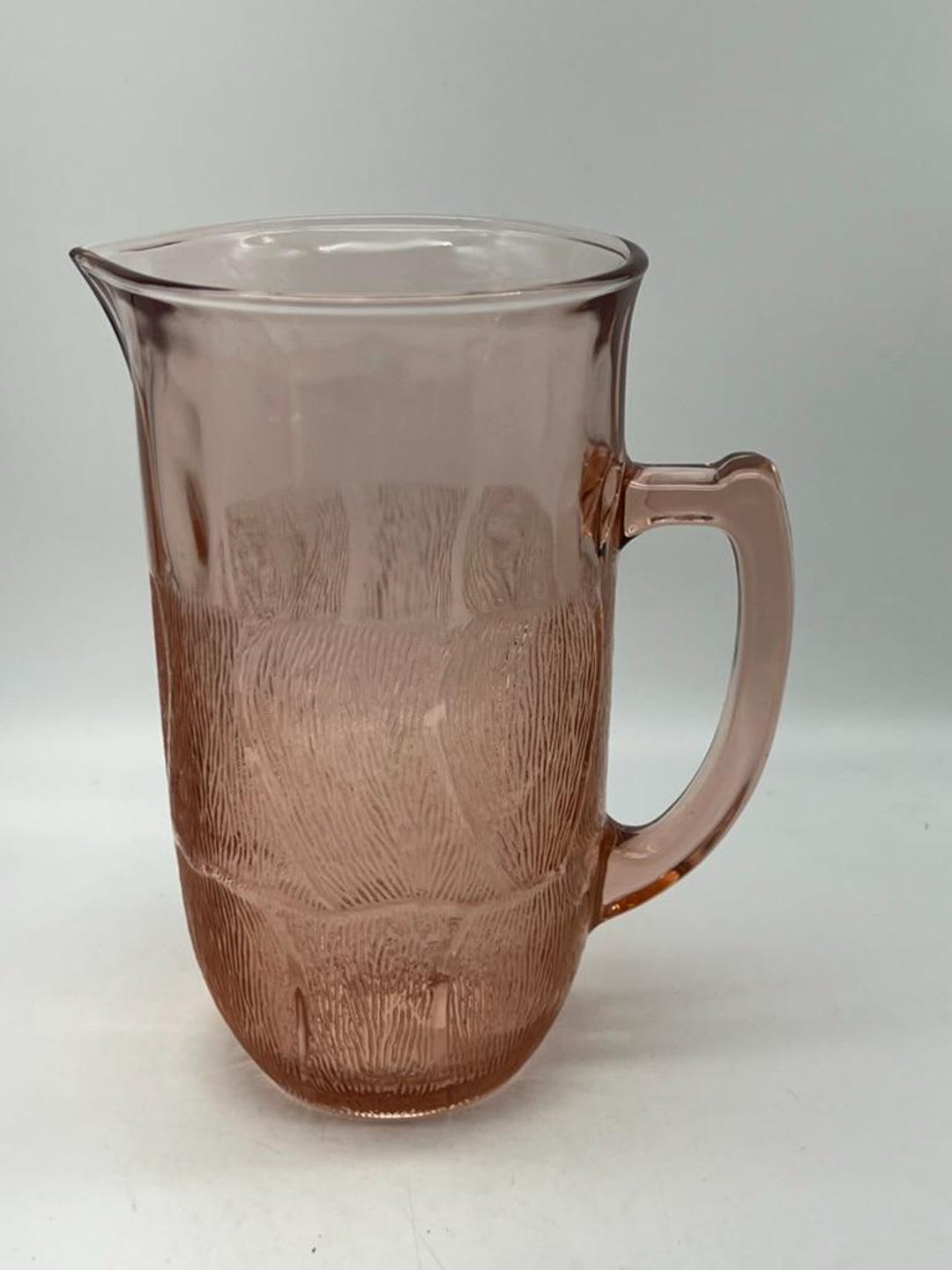 Vintage 80s Peachy Pink Glass Pitcher | Floral Fleur Pattern by Arcoroc ...