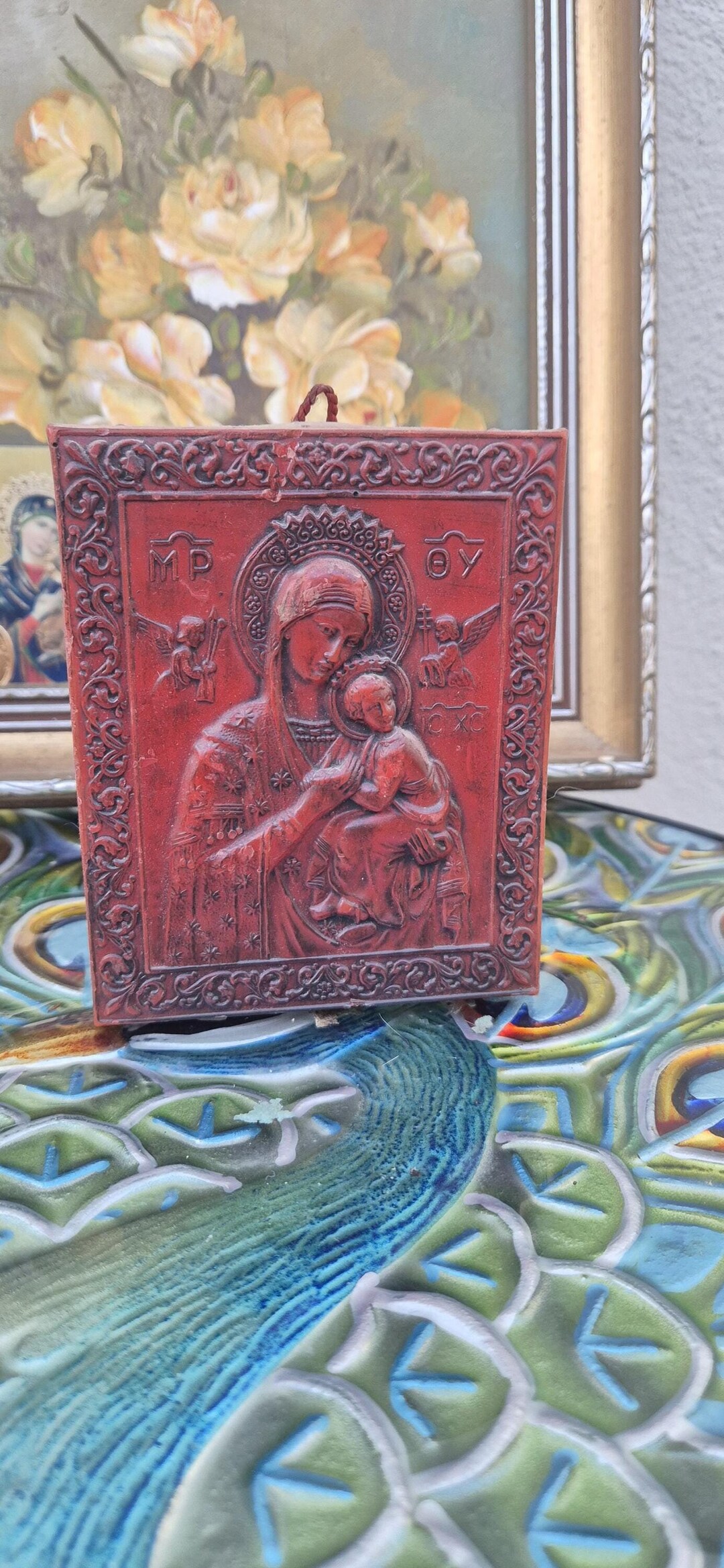 Vintage Wax Virgin Mary & Jesus Christ Child Hanging Plaque Catholic ...