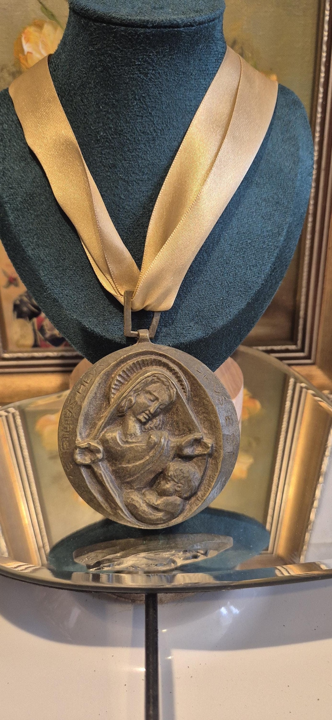 RARE Antique Bronze Virgin Mary & Jesus Medal ecce Filius Mevs Deus Est ...