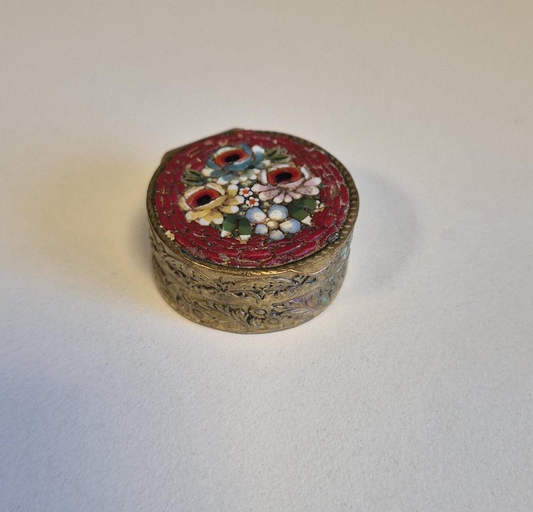 Vintage 1940's Italian Micro Mosaic Brass Pill Box - 1940s - Vintage ...