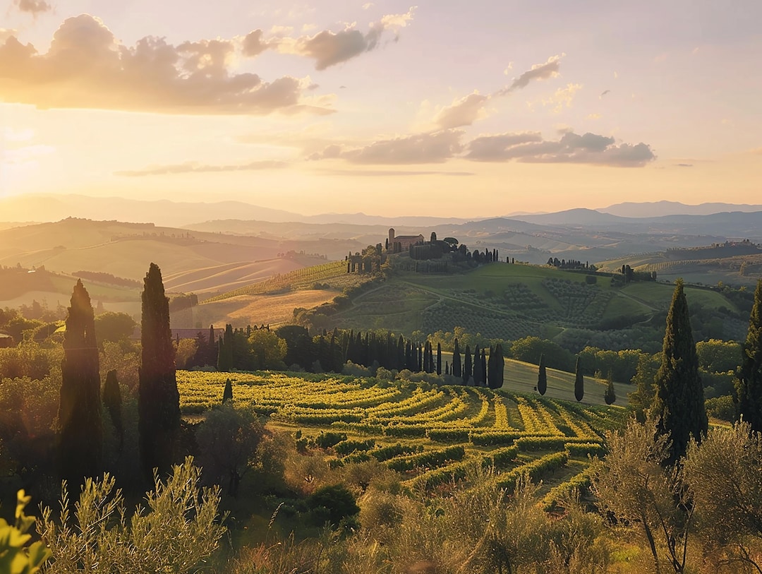 Tuscany Sunset Print, Italian Landscape Art, Sunlit Hills Wall Decor ...