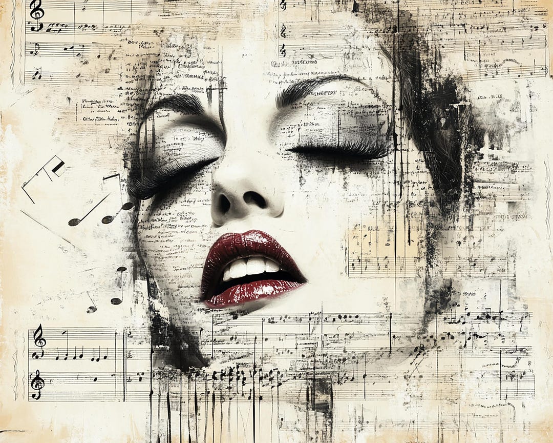 Abstract Female Face Music Notes Art Print, Wall Decor, Unique Artistic ...