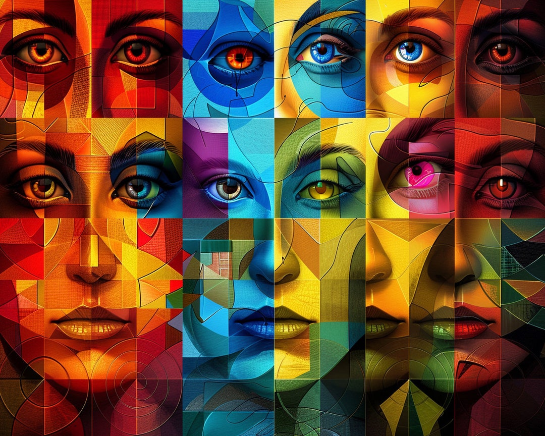 Colorful Abstract Faces Wall Art, Modern Geometric Portraits Print ...
