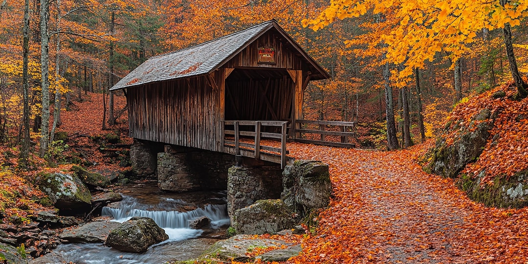 Autumn Covered Bridge Art Print, Fall Foliage Decor, Rustic Nature Wall ...