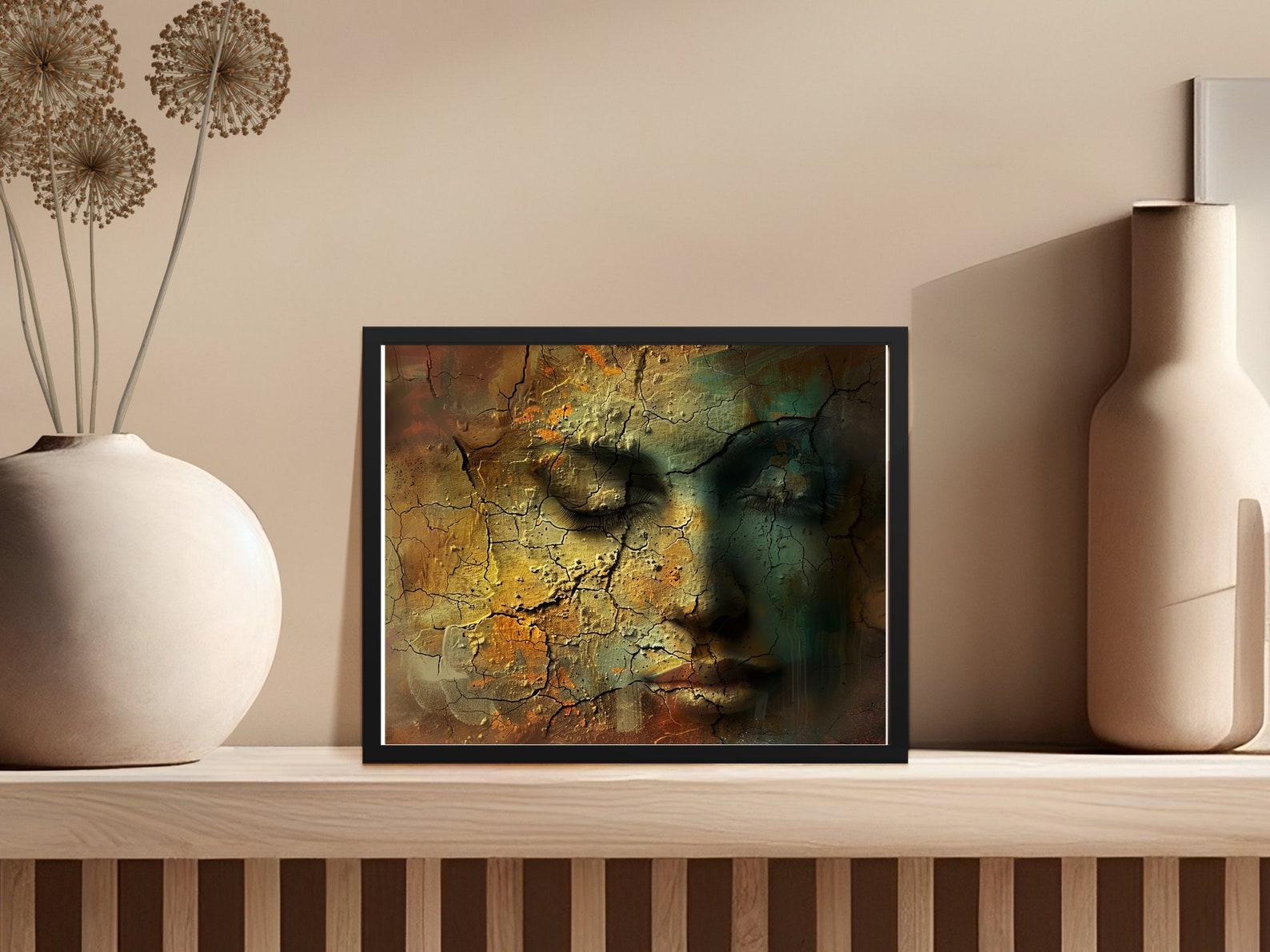 Abstract Face Art Print, Cracked Texture Wall Art, Surreal Digital ...