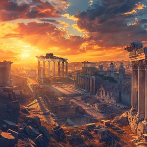 Ancient Roman Ruins at Sunset Digital Art Print, Historical Landscape ...