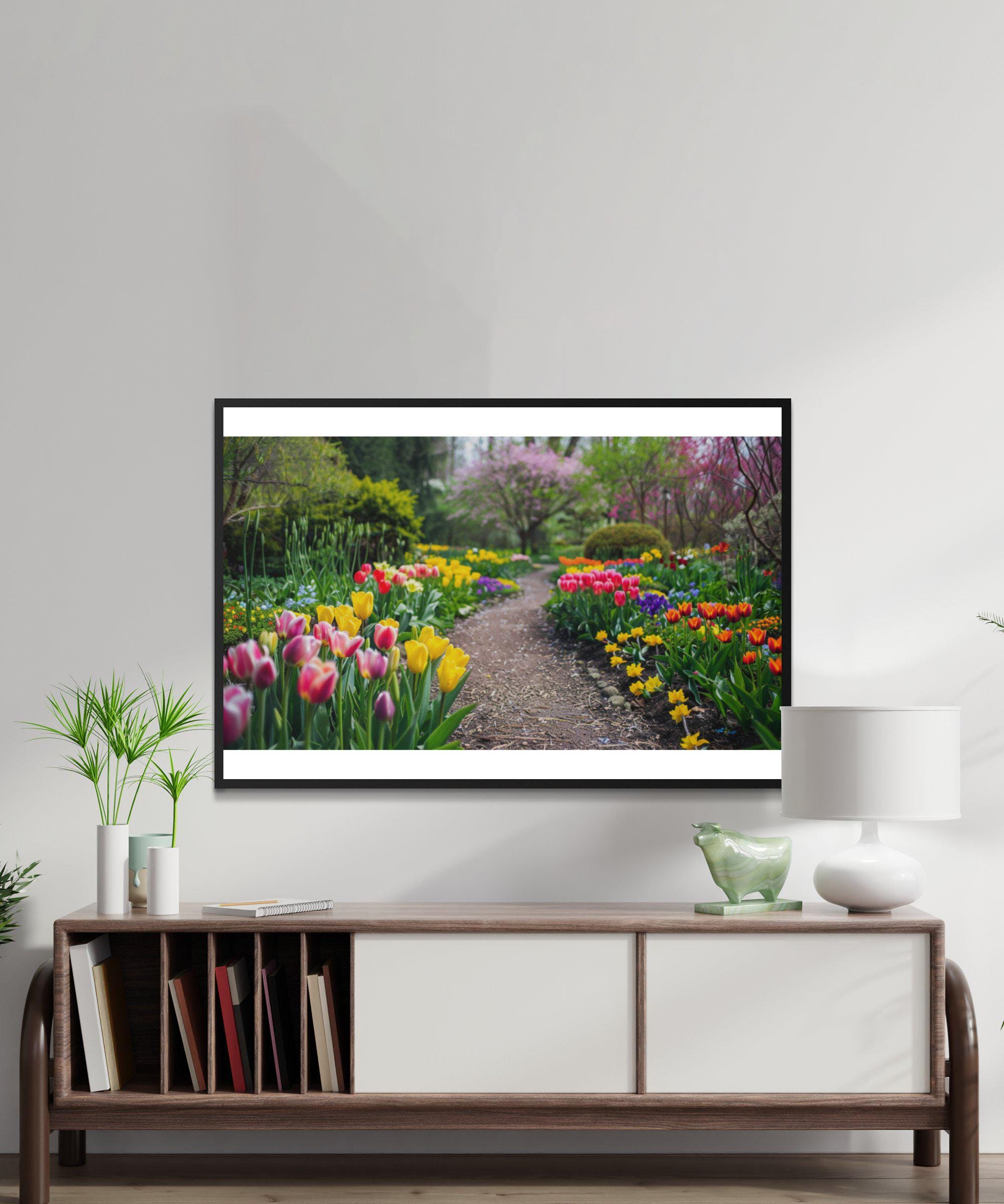 Spring Garden Path Digital Wallpaper, Vibrant Tulips and Daffodils ...