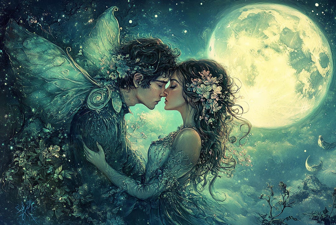 Romantic Fairy Tale Poster, Moonlit Lovers Art, Fantasy Couple Print ...