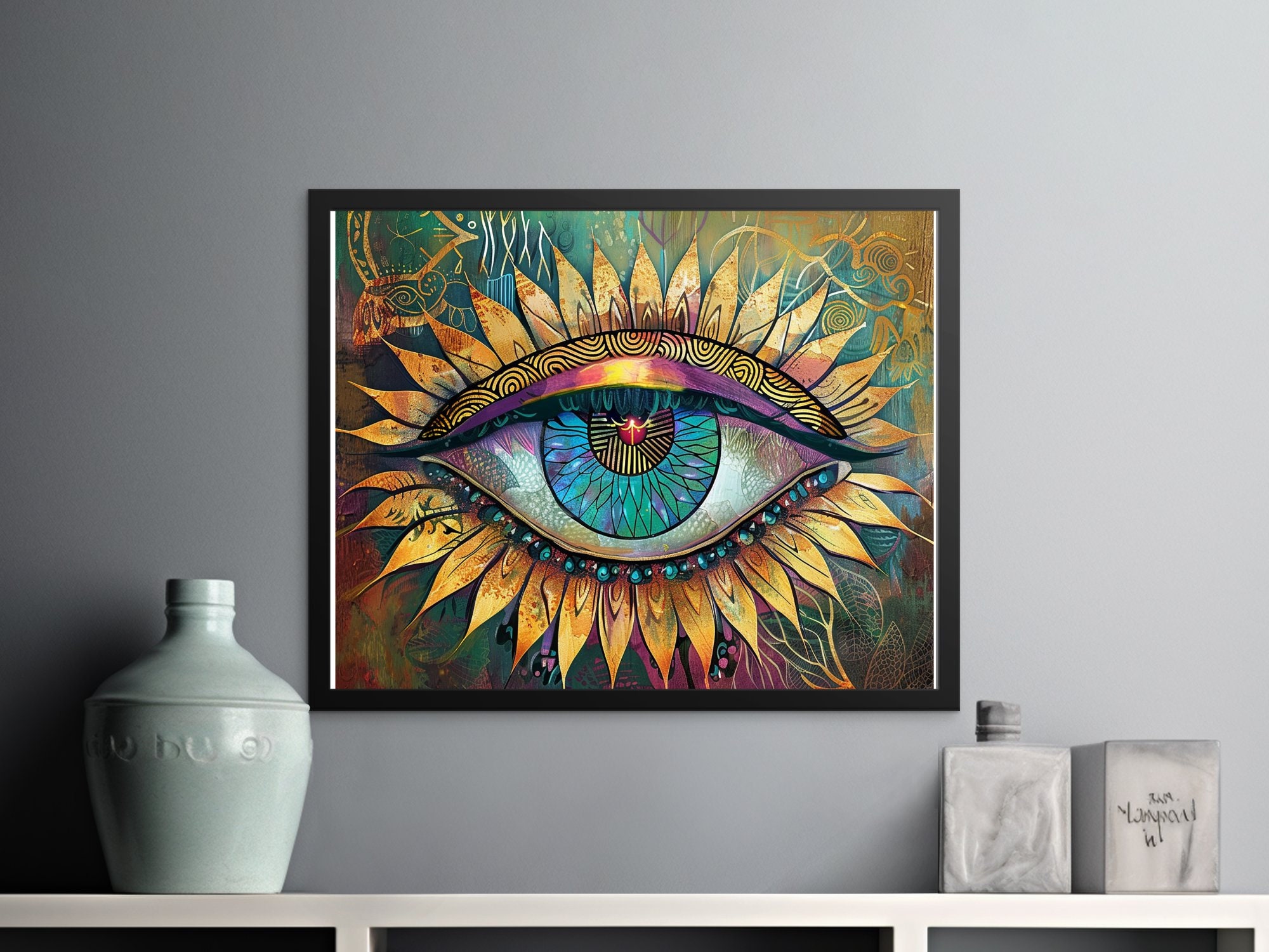 Bohemian Sunflower Eye Wall Art, Boho Inspired Eye Wall Decor, Vibrant ...