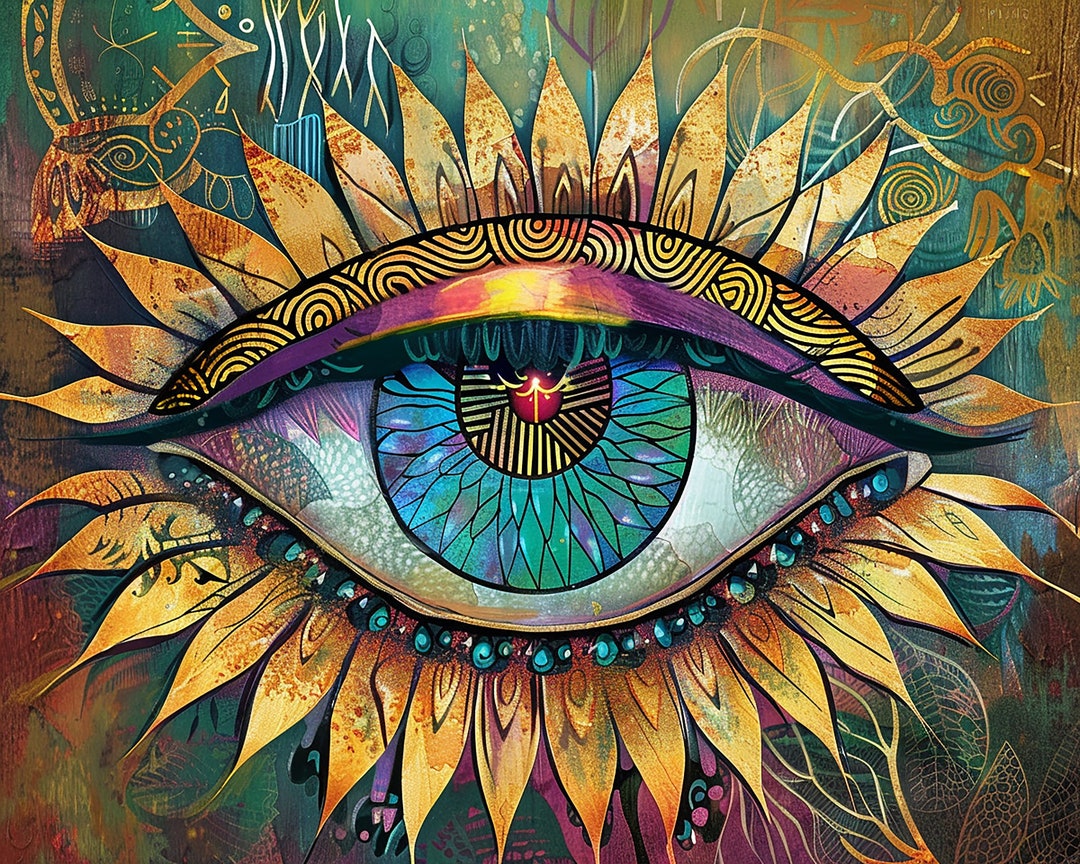 Bohemian Sunflower Eye Wall Art, Boho Inspired Eye Wall Decor, Vibrant ...