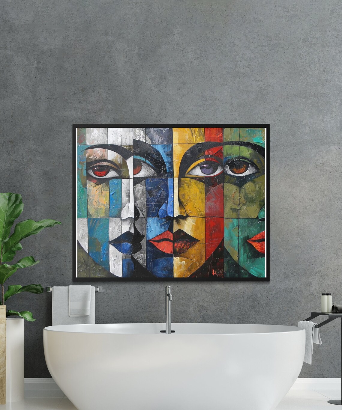 Abstract Cubism Digital Art, Colorful Faces Modern Wall Art ...