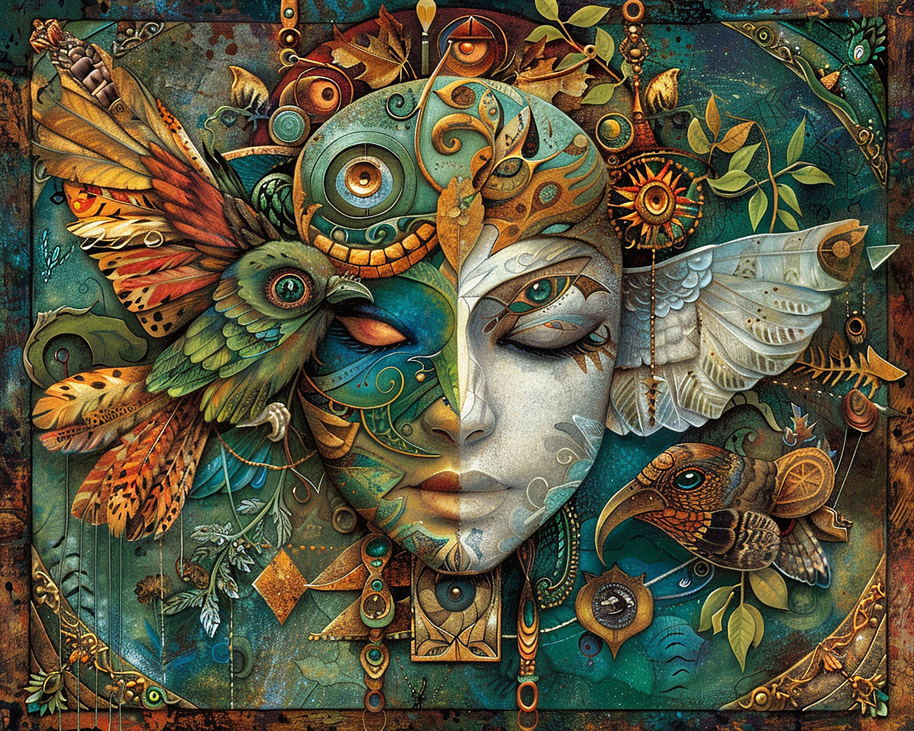 Abstract Masked Face Art, Colorful Surreal Wall Art, Nature Inspired ...