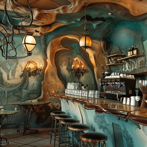 Fantasy Café Interior Digital Wallpaper, Mystical Coffee Shop Decor ...